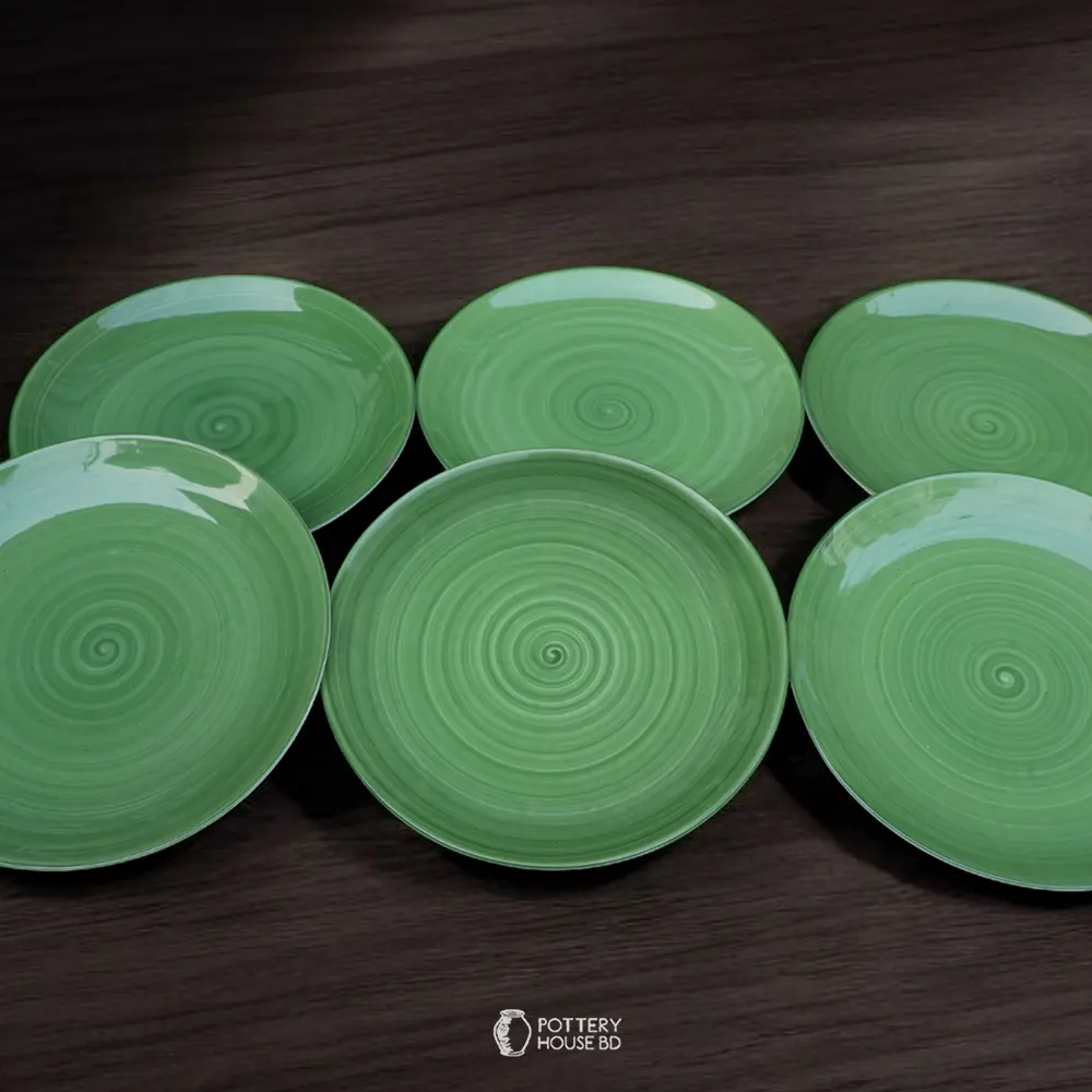 Green Brush Half Plate 6 Pcs Set | Pottery House BD
