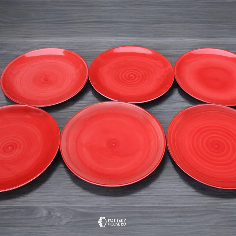 Red Brush Half Plate 6 Pcs Set | Pottery House BD